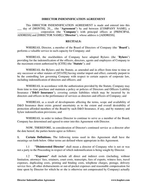 Free 2 Indemnity For Directors Short Forms In Pdf