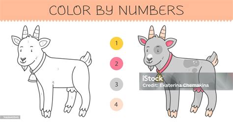 염소와 함께 아이들을위한 숫자 색칠 공부 책으로 색칠하십시오 색칠하기 위한 예가 있는 귀여운 만화 염소가 있는 색칠 공부 페이지 흑백 및 컬러 버전 벡터 그림입니다 0명에