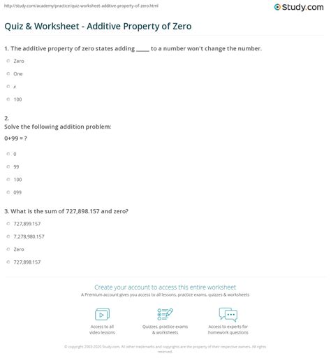 Quiz Worksheet Additive Property Of Zero Study Com
