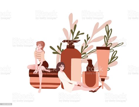 플라스틱 패키지에 천연 유기농 화장품광고 전단지 또는 인사말 카드 디자인 소녀 앉아 서 화장품 평면 벡터 일러스트 에 흰색 배경에 녹색 잎 일러스트레이션에 대한 스톡 벡터