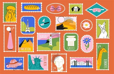 여행 스티커 스탬프 빈티지 엽서 라벨 시골 랜드마크가 있는 복고풍 우표 여행 투어 디자인을 위한 유명한 건축물이 있는 귀여운 우편 스티커 벡터 컬렉션 스티커에 대한 스톡