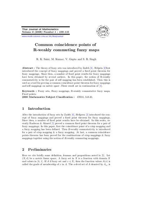 Pdf Common Coincidence Points Of R Weakly Commuting Fuzzy Maps