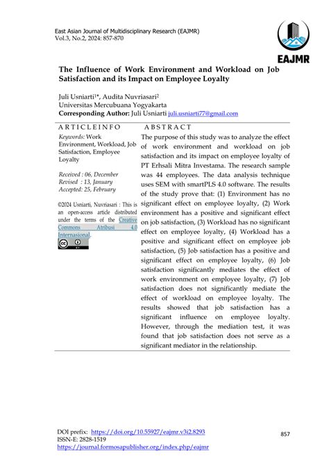 Pdf The Influence Of Work Environment And Workload On Job