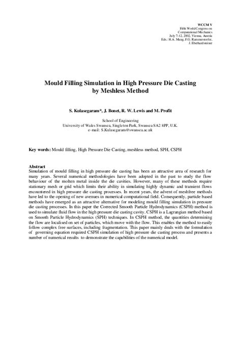 Pdf Mould Filling Simulation In High Pressure Die Casting By Meshless Method
