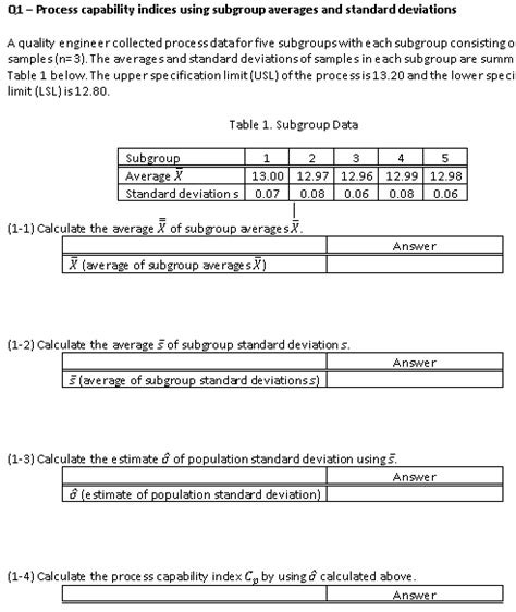 Solved Q1 Process Capability Indices Using Subgroup