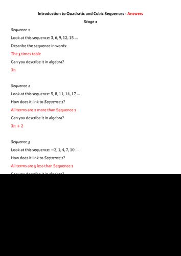 Introduction To Quadratic And Cubic Sequences Teaching Resources