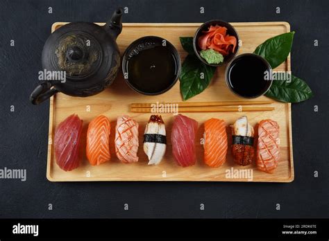 Japanese Traditional Cuisine Set Of Nigiri Sushi Topped With Sake