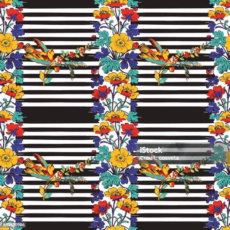 원활한 이국적인 조류와 식물 비행 테두리 프레임 열 대 꽃 인쇄 줄무늬 패턴 형상 복고풍 배경 벡터 디자인 패션 셔츠 직물 인사말 카드 초대장 웨딩 0명에 대한 스톡 벡터