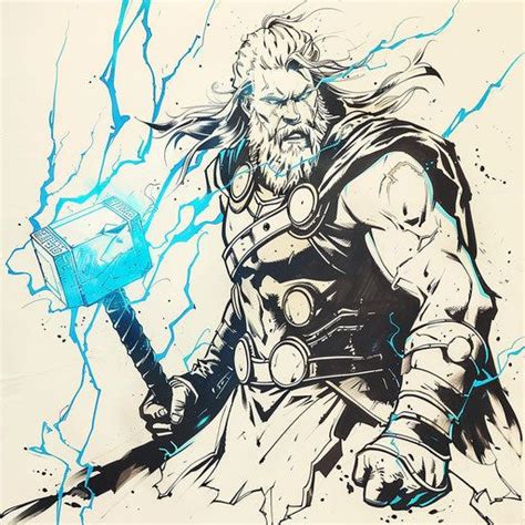 Stylized Flat Tattoo Sketch Of Thor Wielding Mjolnir Thor Tattoo