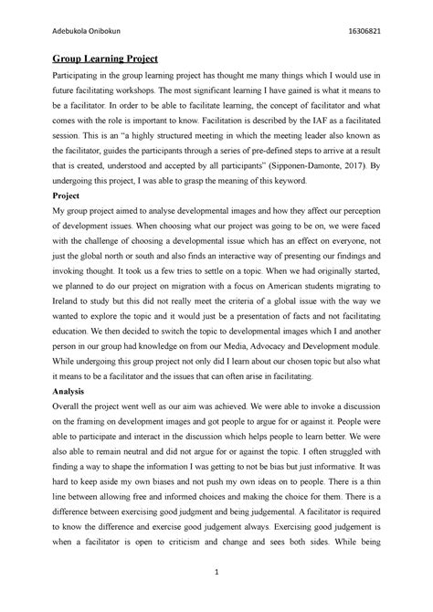 Group Reflection Assignment Adebukola Onibokun Group Learning Project Participating In The