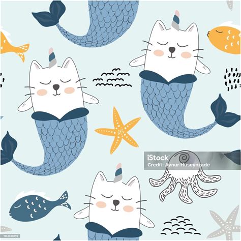 귀여운 유니콘 고양이 인 어 직물 직물에 대 한 유치 한 완벽 한 패턴입니다 벡터 일러스트 0명에 대한 스톡 벡터 아트 및 기타