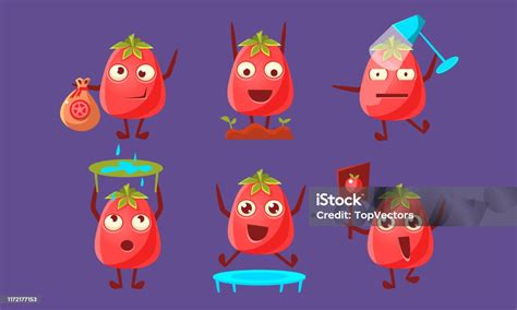 잘 익은 토마토 캐릭터와 재미있는 얼굴 세트 다른 포즈와 다양한 감정 벡터 일러스트에 귀여운 야채 가방에 대한 스톡 벡터 아트 및 기타 이미지 Istock
