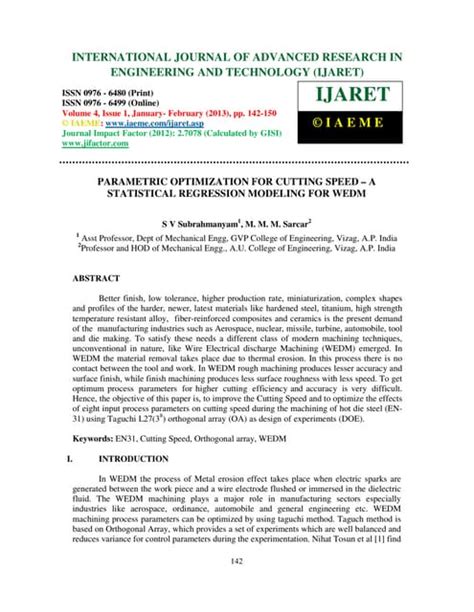 Parametric Optimization For Cutting Speed A Statistical Regression Modeling For Wedm Pdf