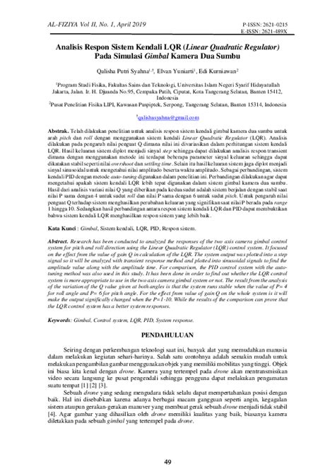 Pdf Analisis Respon Sistem Kendali Lqr Linear Quadratic Regulator Pada Simulasi Gimbal