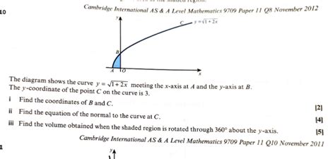 Cambridge International As And A Level Mathematics 9709 Paper 11 Q8 November 2012 10 The Dia [math]