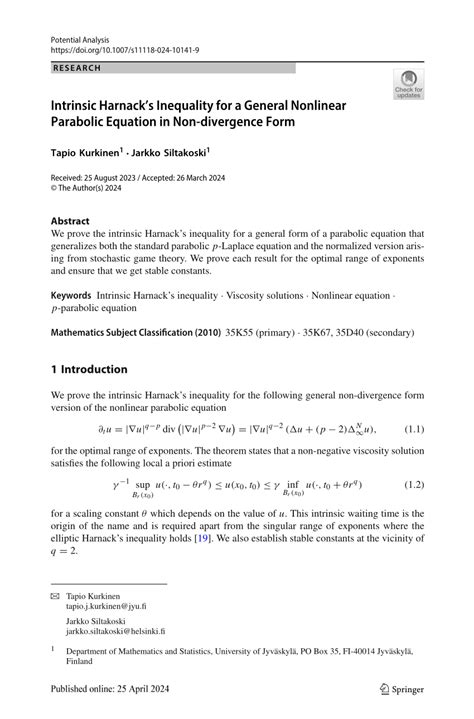 Pdf Intrinsic Harnacks Inequality For A General Nonlinear Parabolic Equation In Non