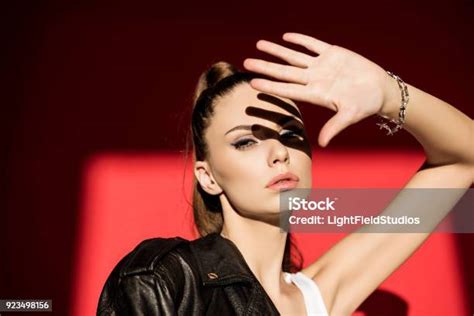 매력적인 유행 소녀 몸짓과 레드에 패션 촬영을 위한 포즈 갈색 머리에 대한 스톡 사진 및 기타 이미지 갈색 머리 몸짓 사람들 Istock