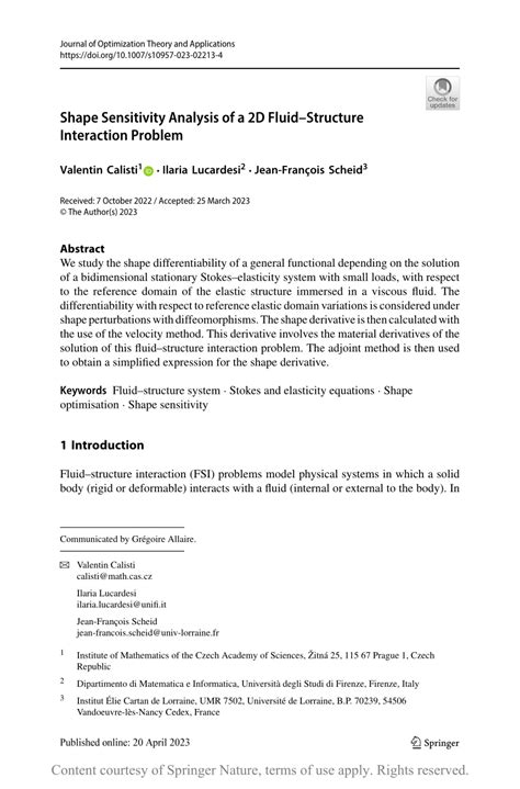 PDF Shape Sensitivity Analysis Of A D FluidStructure Interaction Problem
