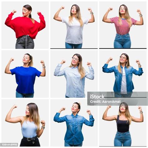 격리 된 배경에 보여주는 팔 근육 자랑 웃 고 젊은 아름 다운 여자 콜라주 피트 니스 개념입니다 개념에 대한 스톡 사진 및 기타