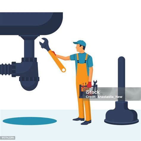 손잡고 수리 배관 고립 된 조정 가능한 렌치 보류와 전문 배관공 건설 산업에 대한 스톡 벡터 아트 및 기타 이미지 건설 산업