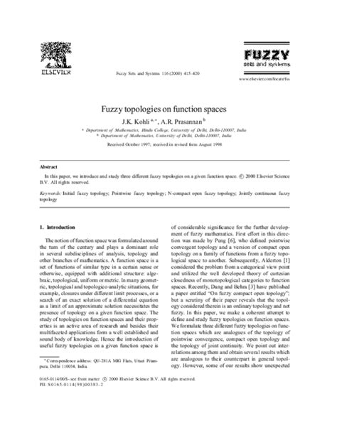 Pdf Fuzzy Topologies On Function Spaces