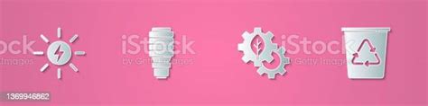 종이를 잘라 태양 에너지 패널 Led 전구 기어 기계의 잎 공장 및 재활용 아이콘이있는 휴지통 종이 아트 스타일 벡터 0명에