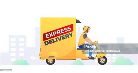 노란색 복고풍 특급 배달 자동차 트럭 및 택배 흰색 배경에 도시 디자인 전단지 포스터 배너 웹 광고에 대 한 벡터 일러스트 레이 션 가방에 대한 스톡 벡터 아트 및 기타