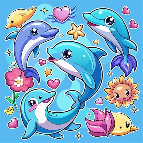 Premium Vector Cute Cartoon Dolphins And Other Sea Life