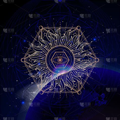 神圣几何符号的矢量插图与空间背景日出。