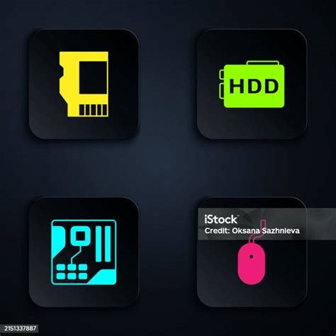 Set Computer Mouse Sd Card Motherboard Digital Chip And Hard Disk Drive Hdd Black Square Button