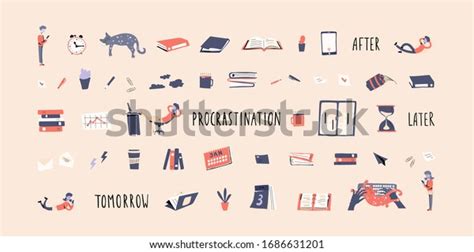 Procrastinating Vector Colorful Set Flat Cartoon Stock Vector Royalty