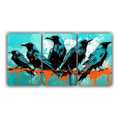 Cuadros Cuervo Y Cuervos En Turquesa Y Negro Set 3 Telas En Bastidor