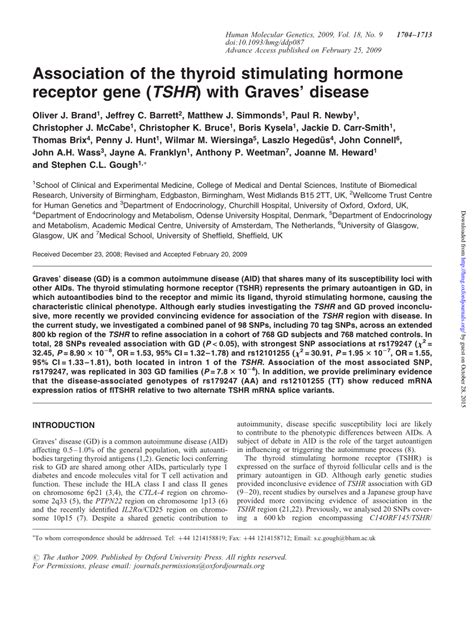 Pdf Association Of The Thyroid Stimulating Hormone Receptor Gene