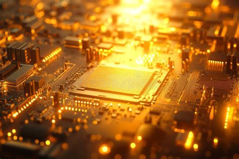 A Close Up Of A Computer Motherboard With A Gold Chip On It Stock Image Image Of City