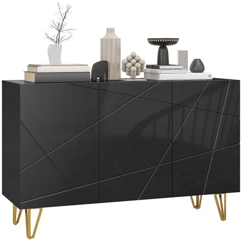 HOMCOM Modern Luxe High Gloss Sideboard With Golden Hairpin Legs Black Aosom UK
