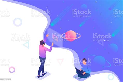 아이소메트릭 A 젊은 사람이 가상 안경을 사용 하 여 가상 현실을 실행 십 대는 노트북에서 실행 됩니다 웹 디자인에 대 한 개념 등측투영법에 대한 스톡 벡터 아트 및 기타