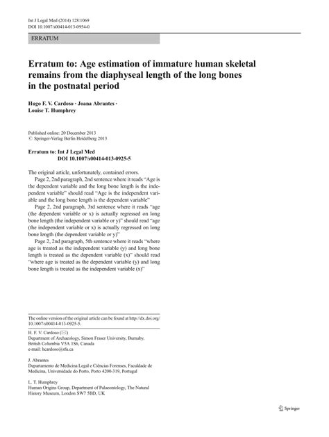 Pdf Erratum To Age Estimation Of Immature Human Skeletal Remains
