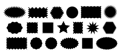 지그재그 물결 모양의 가장자리가 있는 다양한 기하학적 모양 직사각형 타원형 원 사각형 벡터 세트 블랙 요소 디자인 프레임 우표 템플릿 및 배지 가격표에 대한 스톡 벡터 아트