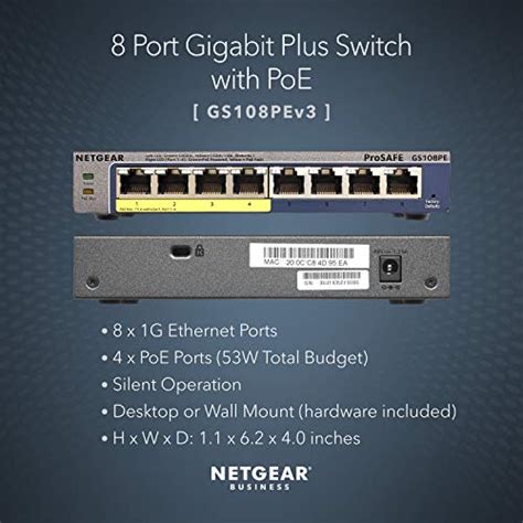 NETGEAR 8 Port PoE Gigabit Ethernet Plus Switch GS108PEv3 Managed With 4 X PoE 53W