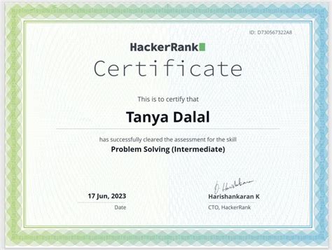 Earned Problem Solving Certification With Hackerrank Tanya Dalal