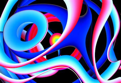 물결 모양의 우아함 나선형 트위스트 구형 라인 라인의 초현실적 인 줄무늬가있는 추상 미술 3d 배경의 3d 렌더링은 검은 뒷면에 빛나는 네온 블루와 보라색 그라데이션 라이트