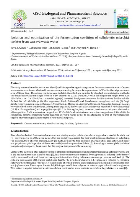 Pdf Isolation And Optimization Of The Fermentation Condition Of Cellulolytic Microbial
