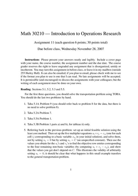 Problem Set 11 Introduction To Operations Research Math 30210