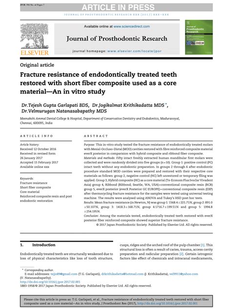 Pdf Fracture Resistance Of Endodontically Treated Teeth Restored With Short Fiber Composite