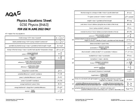 Physics Formula Sheets Gcse