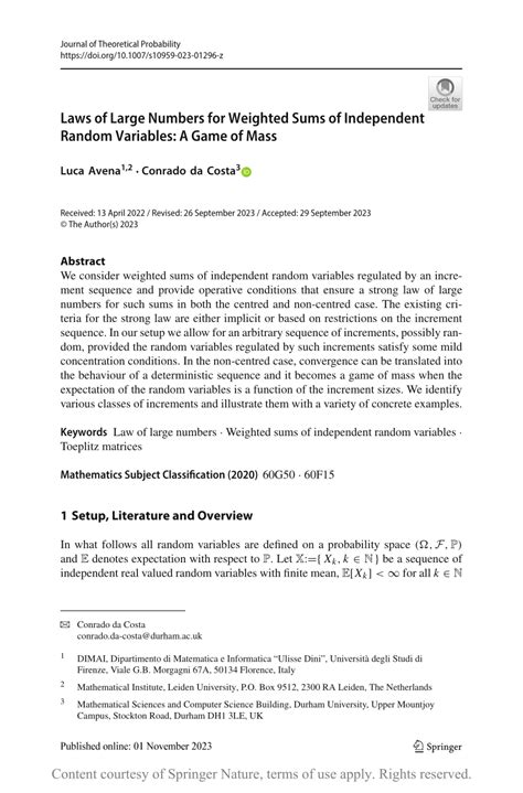 Pdf Laws Of Large Numbers For Weighted Sums Of Independent Random Variables A Game Of Mass