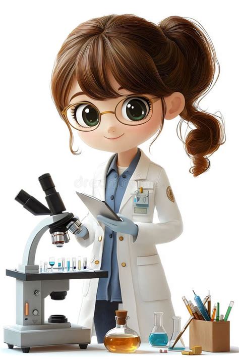 Cartoon Girl Biologist Female Cartoon Scientist Observing Under