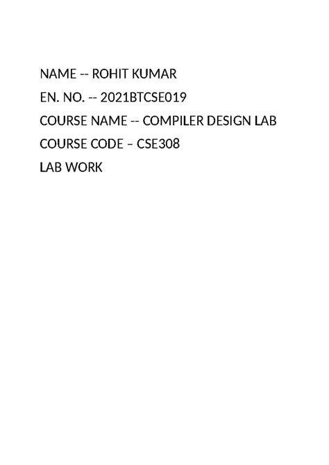 Compiler Design Lab 1 For Assignment Name Rohit Kumar En No