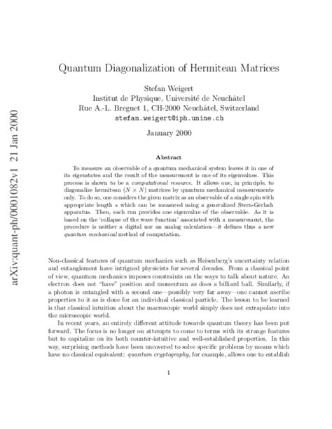 Pdf Quantum Diagonalization Of Hermitean Matrices