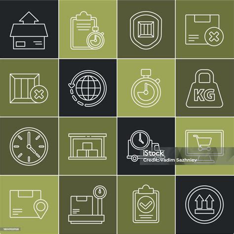 세트 라인 이쪽으로 컴퓨터의 쇼핑 카트 무게 방패와 배달 보안 전세계 배송 및 상자 나무 삭제 판지 판지 및 스톱워치 아이콘 벡터 교통에 대한 스톡 벡터 아트 및 기타